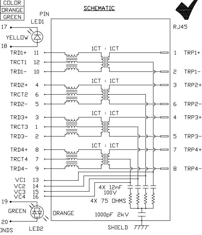 0826-1x1t-m1-F POE RJ45 MagJack 1x1 Haven 1000 basis-T Tab Up With OG/Y ...
